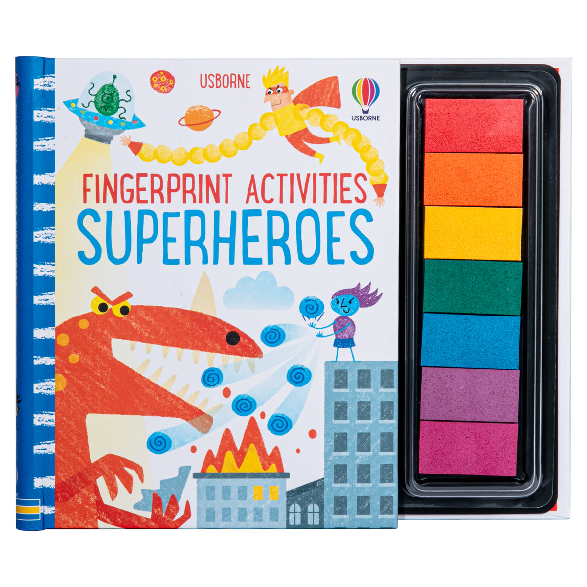 Usborne Fingerprinting Activity Book with Colourful Ink Pads Superhero ...